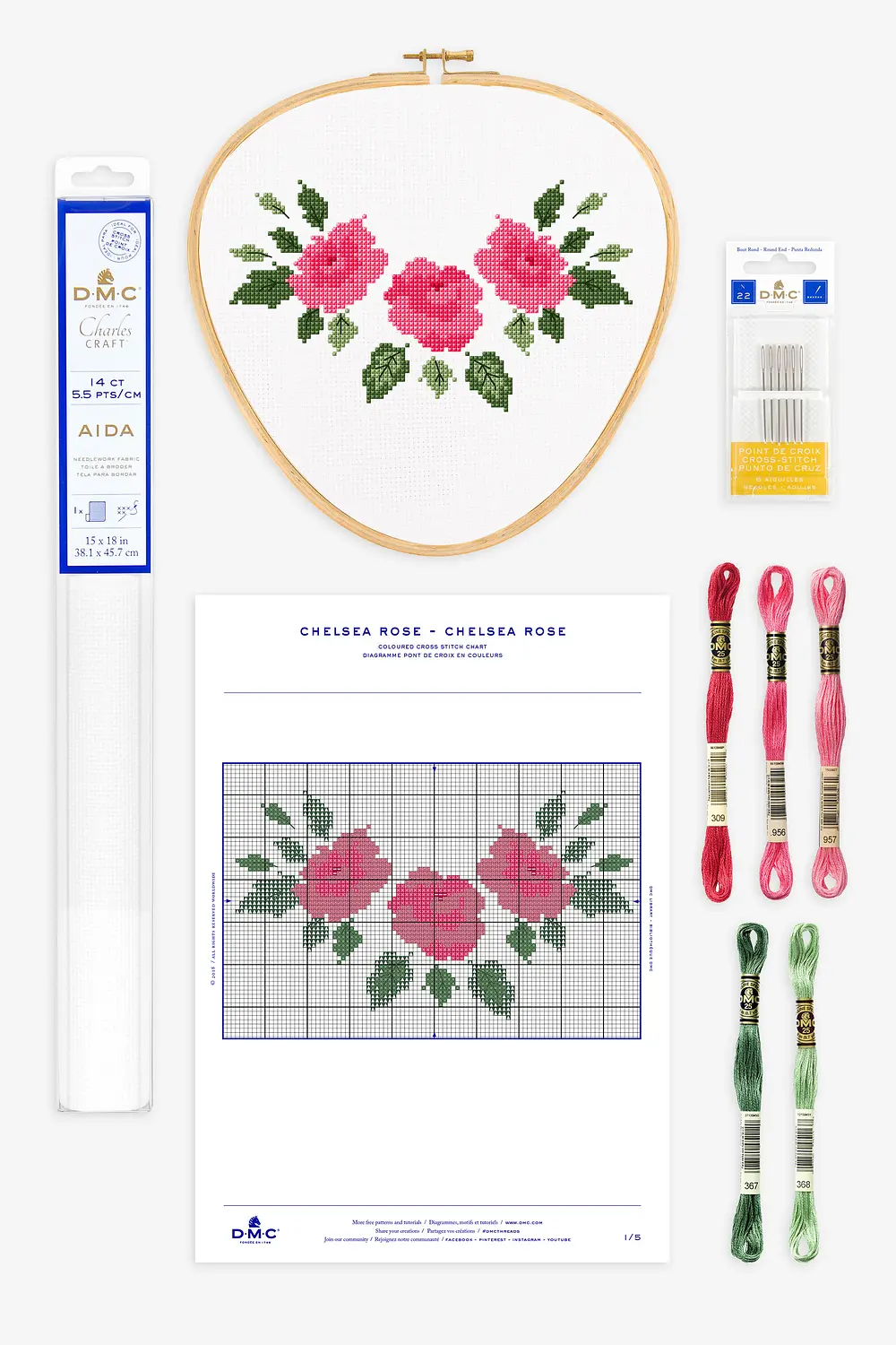 Pink Rose Cross Stitch Bundle - DMC